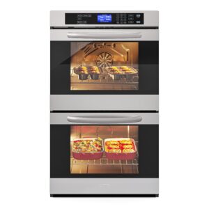 koolmore km-wo30d-ss 30-inch electric 5 cu.ft. premium double wall quiet, rapid convection, 7 cook and baking modes, dual large capacity ovens, stainless-steel unit, self-cleaning, silver