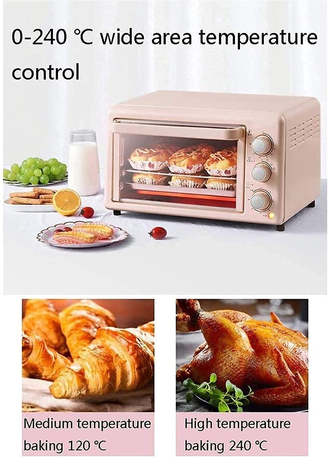 Tabletop Electric Oven 19L Pink Mini Oven Adjustable Temperature 0-240℃ and 60 Minutes Timer 3 Heating Modes Home Baking Cake Barbecue Electric Oven