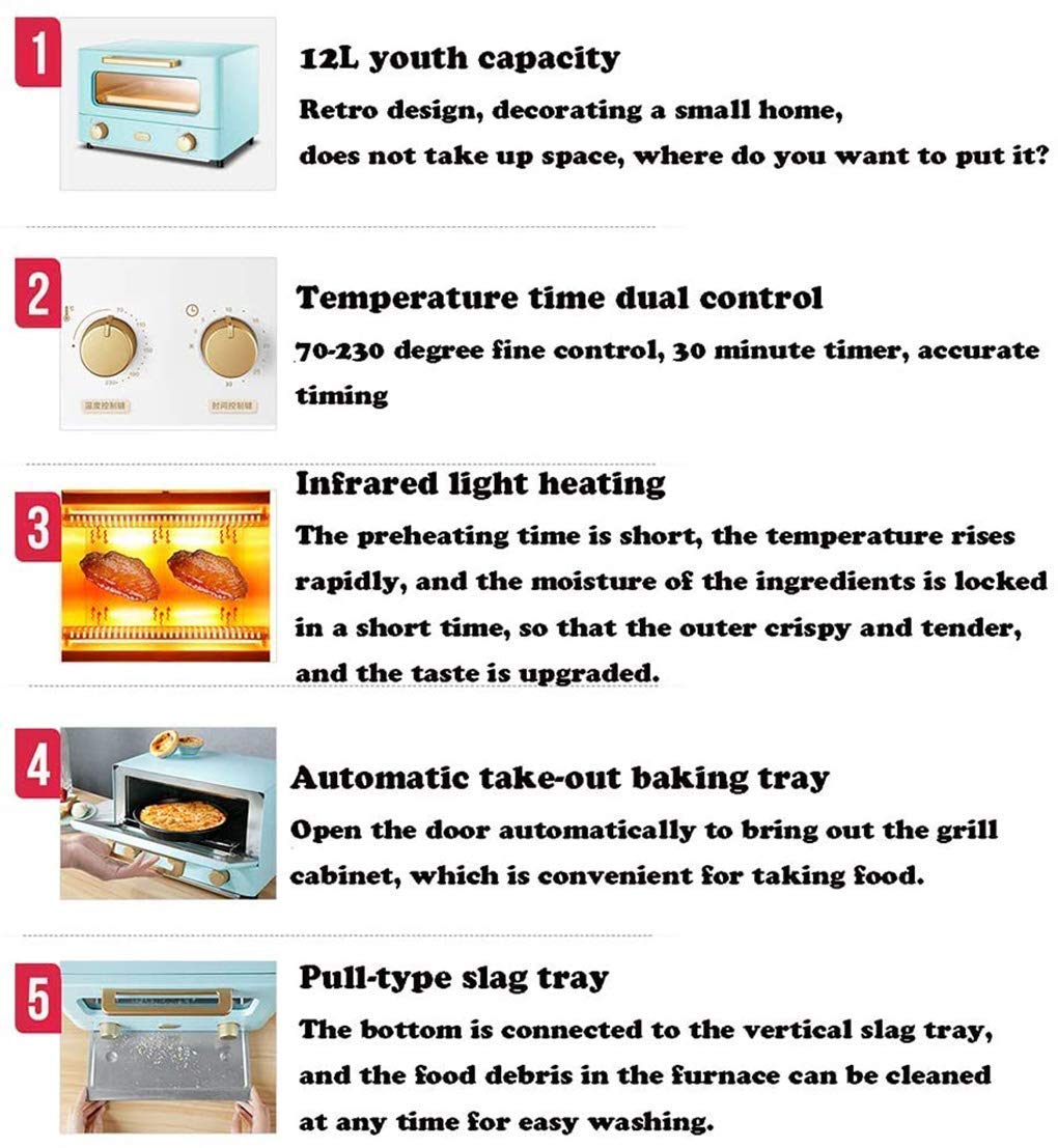 12L Mini Oven Electric Cooker and Grill, home baking small oven Timer Double Glass Door Convection Toaster Oven Happy Life