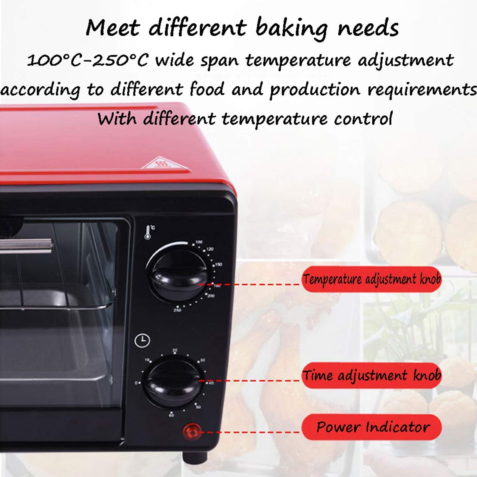 Multi-Function Electric Oven,Household 12L Air Fryer Mini Chicken Oven, High Temperature Baking Mini Cake Oven with Bakeware And Rack Red Happy Life