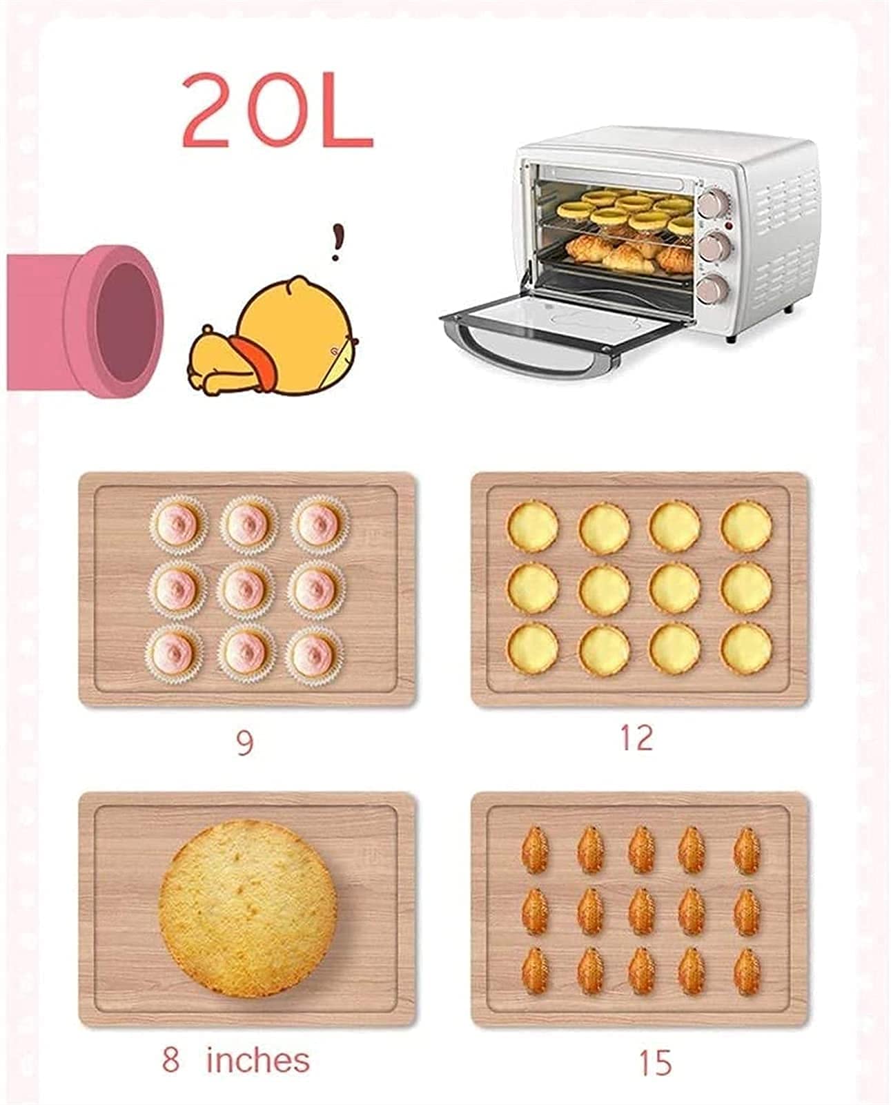 Tabletop Electric Oven 20L Multifunctional Small Oven Bread Baking Machine 1200W Includes Grilled Net, Enamel Pickup Clamp and Baking Pan