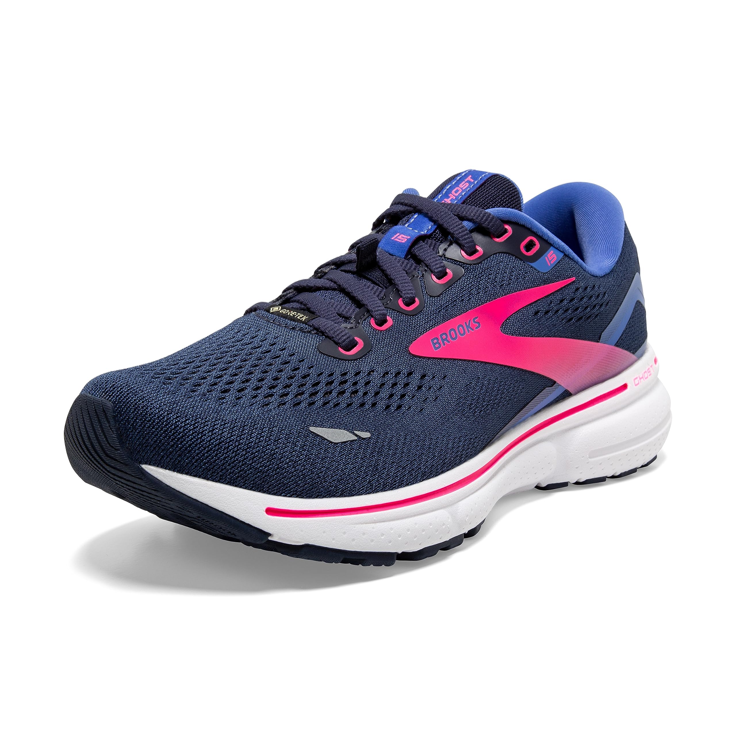 Brooks Women's Ghost 15 GTX Waterproof Neutral Running Shoe - Peacoat/Blue/Pink - 6.5 Medium