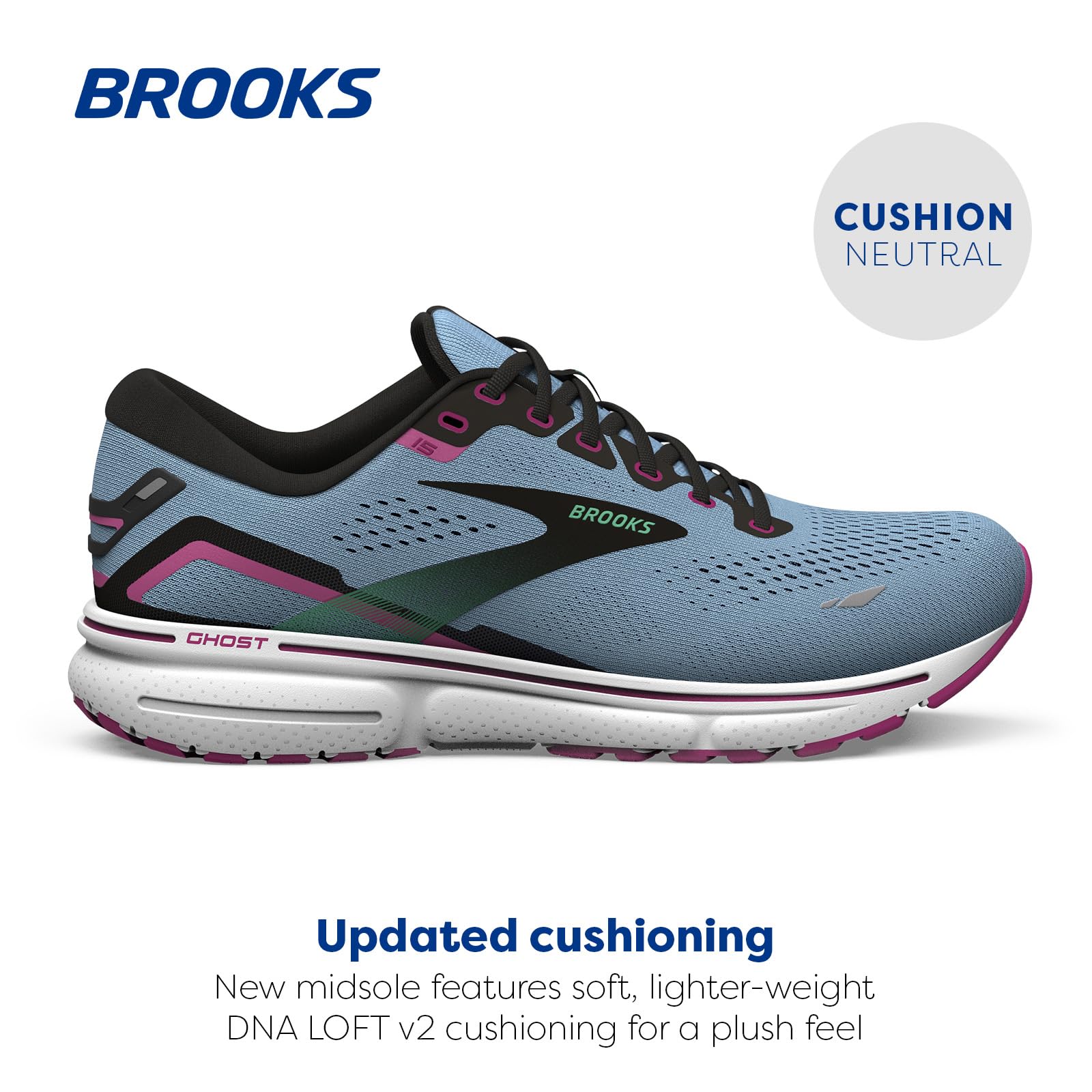 Brooks Women's Ghost 15 Neutral Running Shoe - Blue Bell/Black/Pink - 7.5 Medium