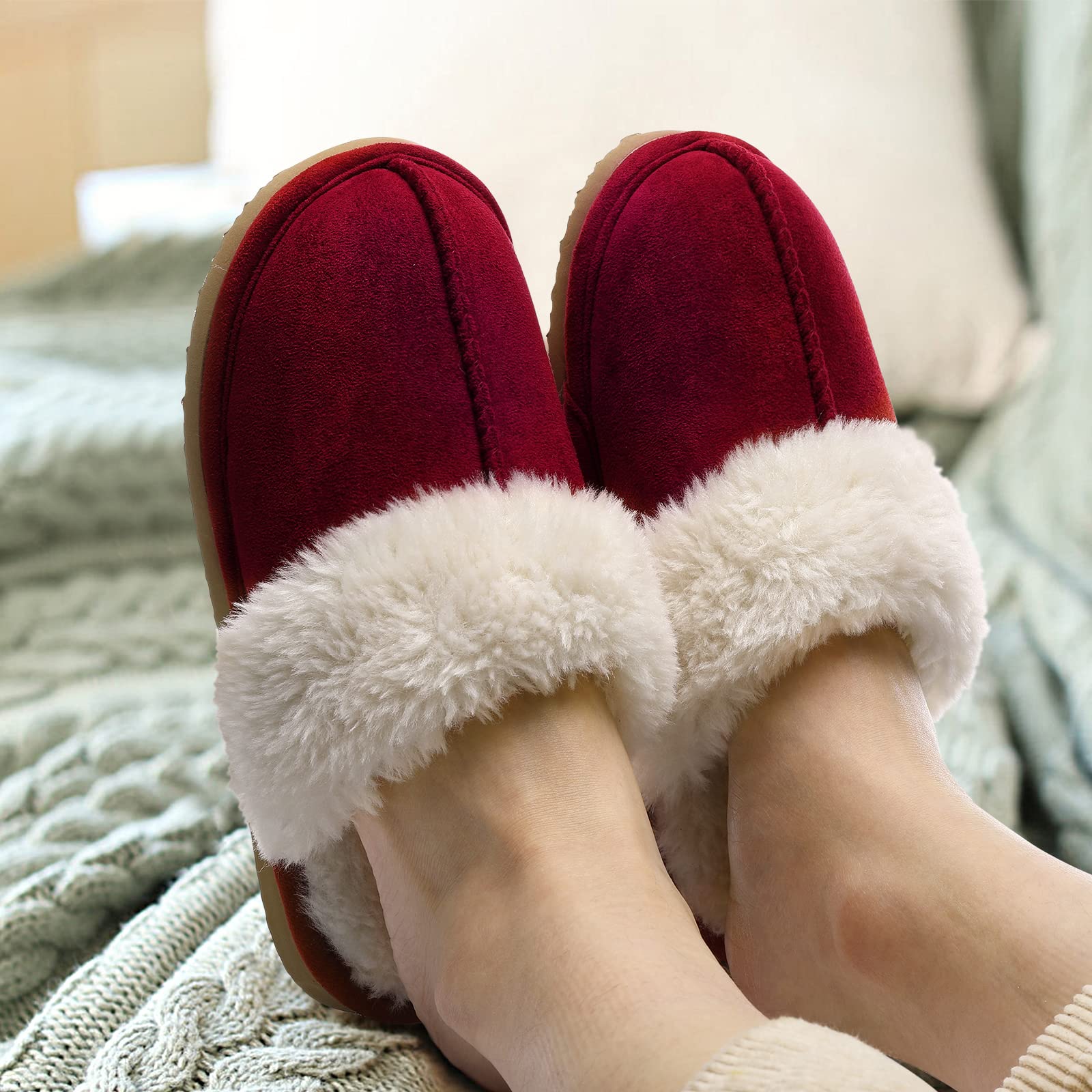 Litfun Women's Fuzzy Memory Foam Slippers Fluffy Winter House Shoes Indoor and Outdoor, Red 10.5-11