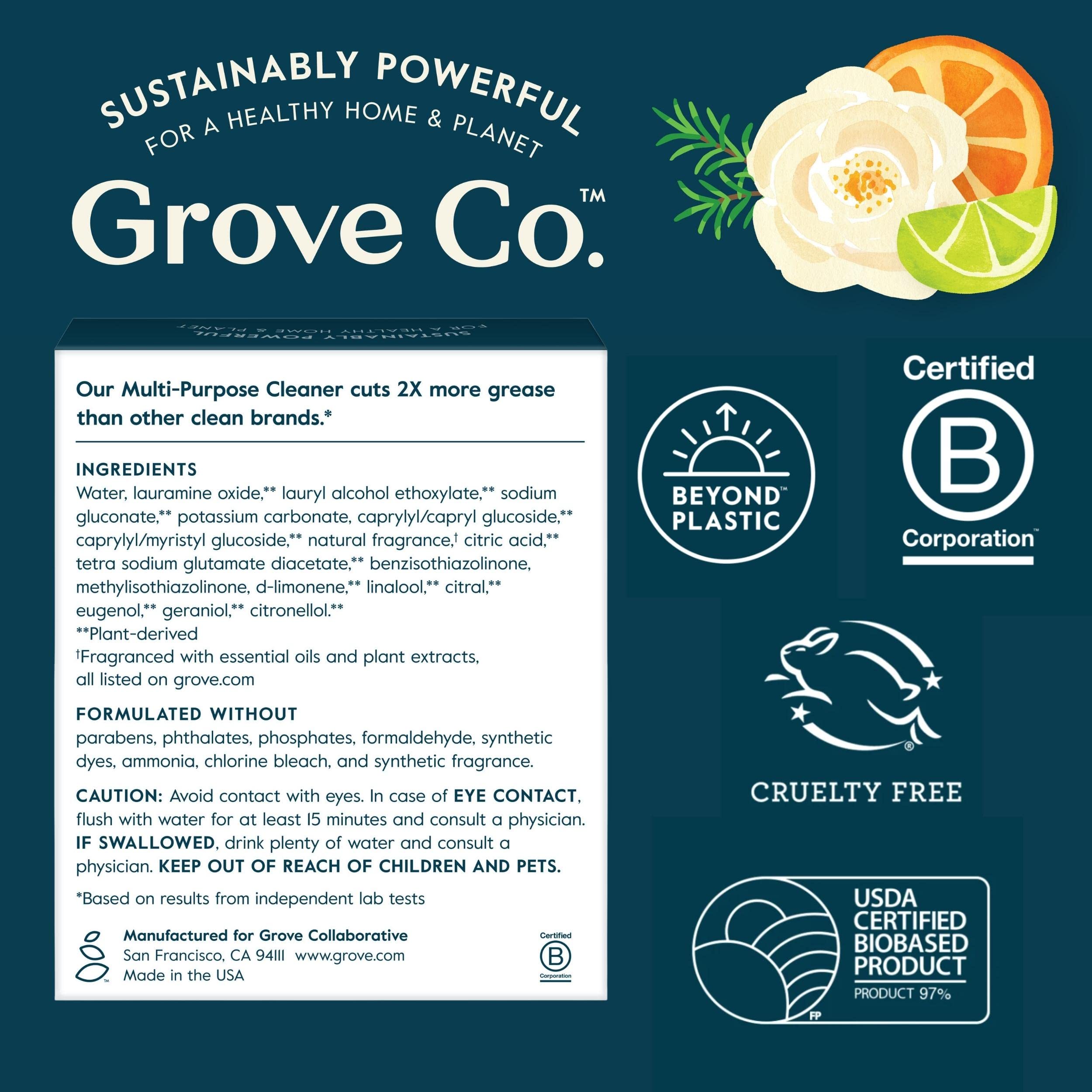 Grove Co. Multi-Purpose Cleaner, Refill Concentrate (2 x 1 Oz) + Glass Spray Bottle (16 Oz), Plant-based Household Cleaning Supplies Bundle, No Plastic Waste, 100% Natural Orange & Rosemary Scent