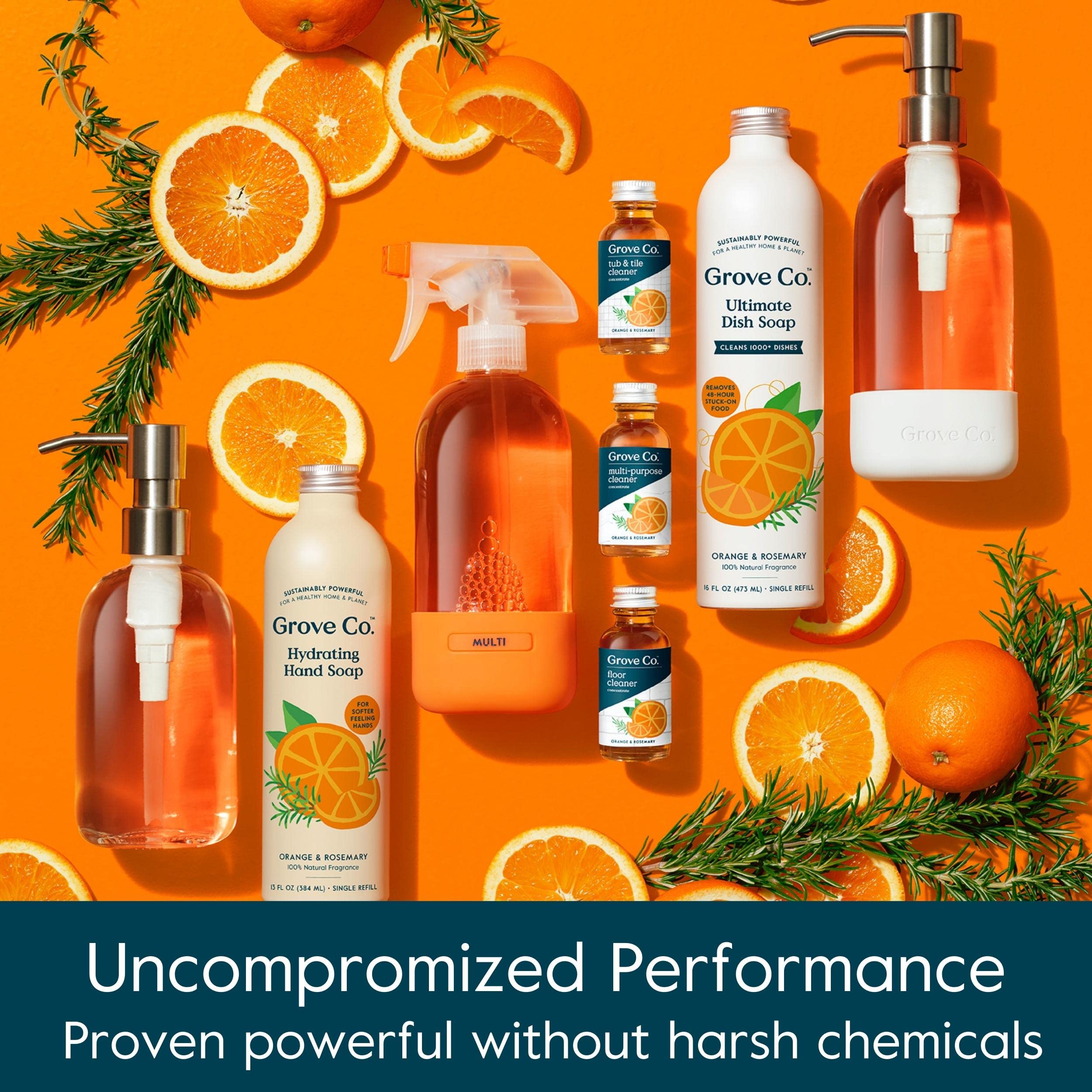 Grove Co. Multi-Purpose Cleaner, Refill Concentrate (2 x 1 Oz) + Glass Spray Bottle (16 Oz), Plant-based Household Cleaning Supplies Bundle, No Plastic Waste, 100% Natural Orange & Rosemary Scent