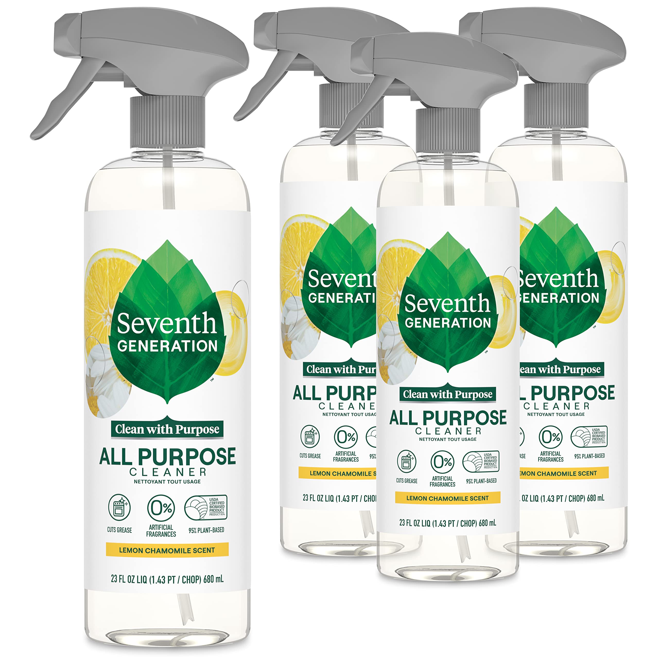 Seventh Generation All Purpose Cleaning Spray Surface Cleaner Lemon Chamomile scent Cuts Grease 23 oz, Pack of 4