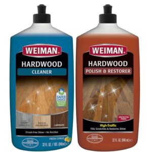 weiman hardwood floor cleaner and polish restorer combo - 2 pack - high-traffic hardwood floor, natural shine, removes scratches, leaves protective layer