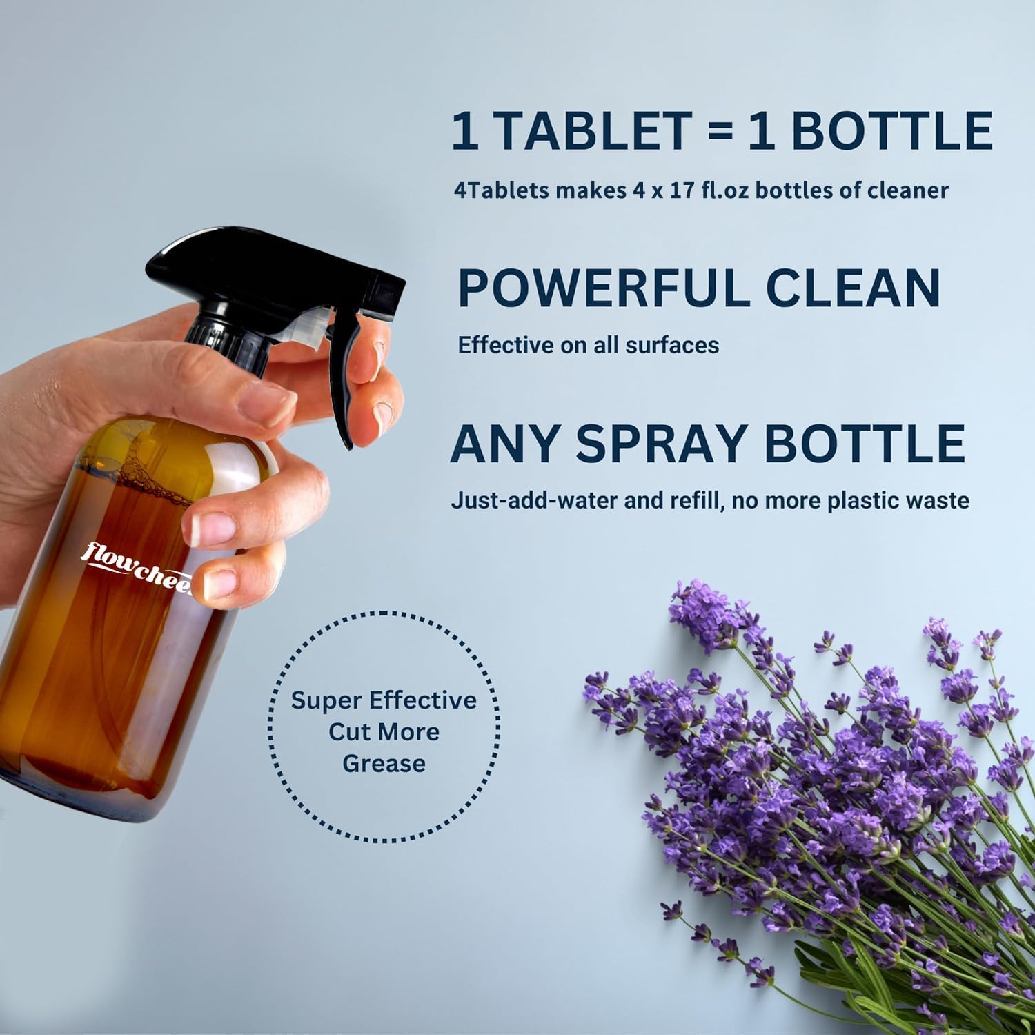 flowcheer Multi Surface Cleaner Refills -All Purpose Cleaner Refill Tablet-Makes 204 fl oz(12 x 17 Fl oz) Bottles of Spray Cleaner for Household&Kitchen Cleaning-Lavender Scent(Not Included Bottles)