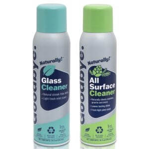 goodbye naturally glass cleaner and all surface cleaner, safe and effective all natural cleaning products, 14 oz continuous spray cans, 2 pack