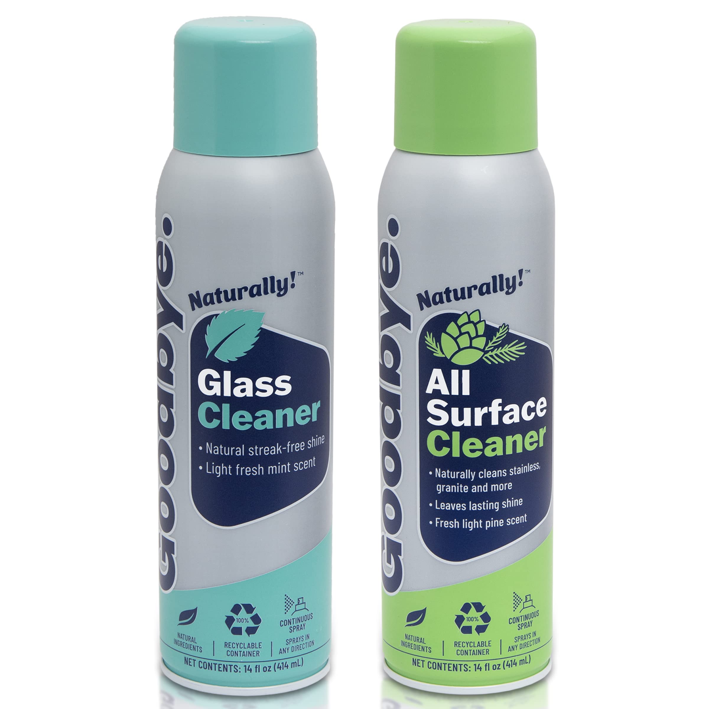 Goodbye Naturally Glass Cleaner and All Surface Cleaner, Safe and Effective All Natural Cleaning Products, 14 oz Continuous Spray Cans, 2 Pack