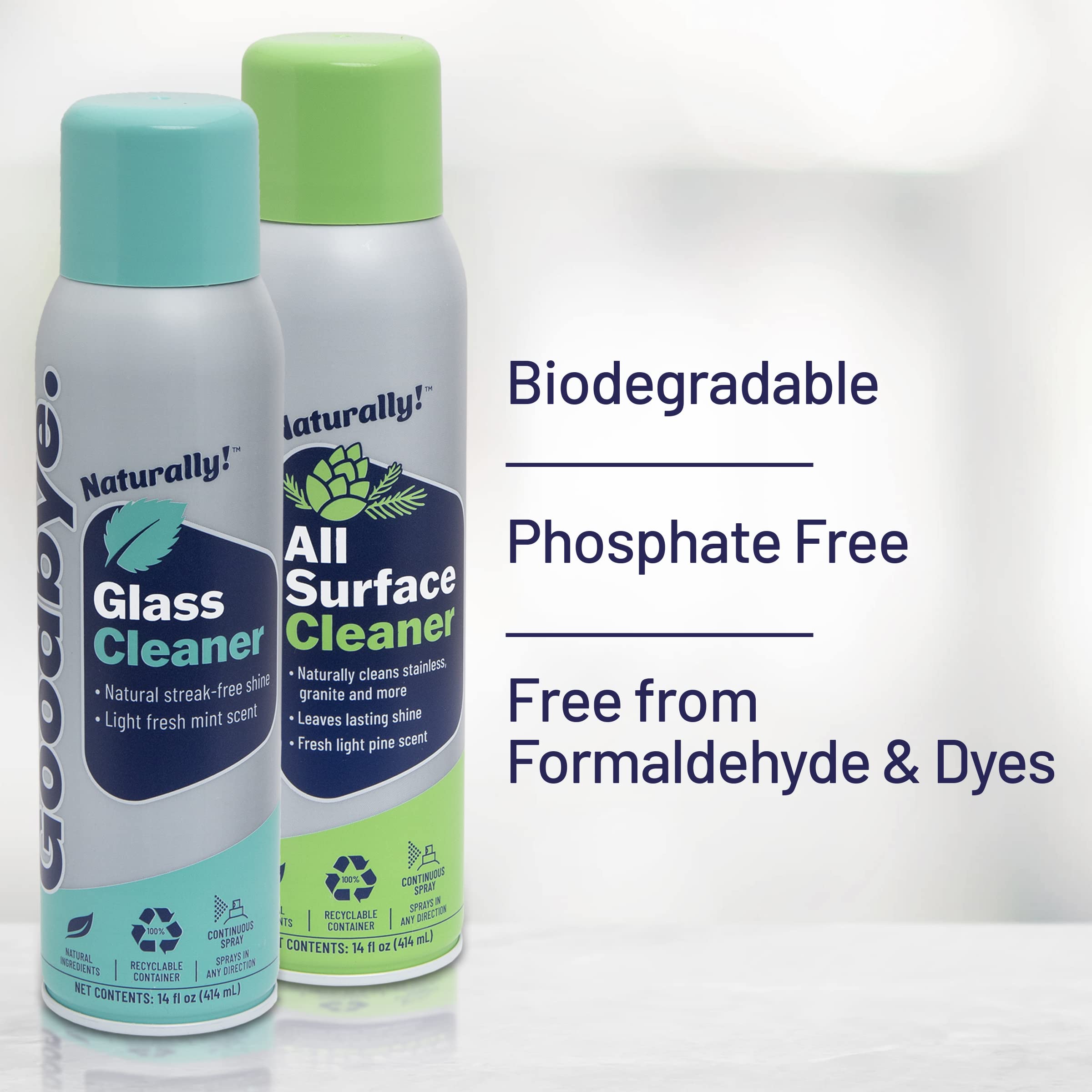 Goodbye Naturally Glass Cleaner and All Surface Cleaner, Safe and Effective All Natural Cleaning Products, 14 oz Continuous Spray Cans, 2 Pack