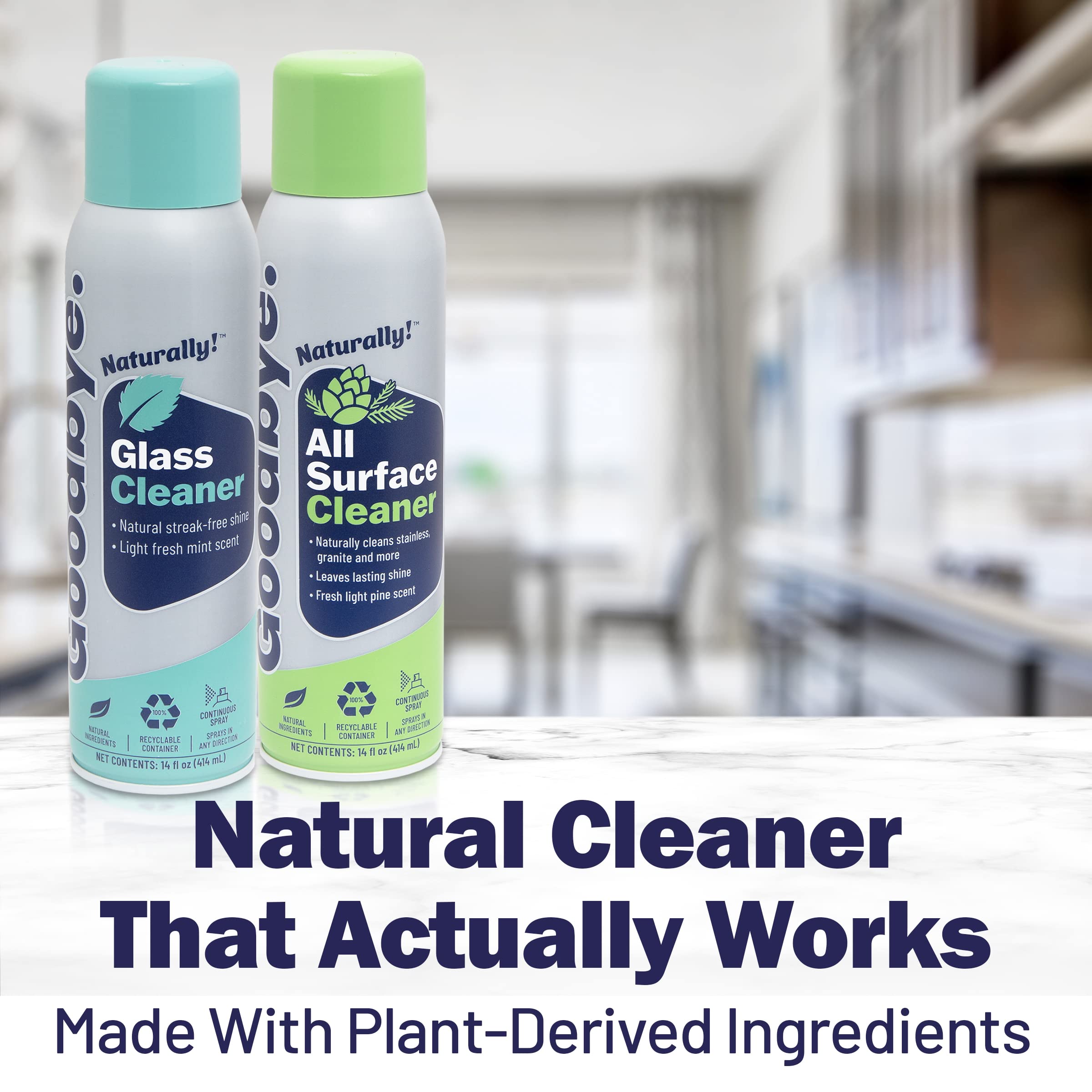 Goodbye Naturally Glass Cleaner and All Surface Cleaner, Safe and Effective All Natural Cleaning Products, 14 oz Continuous Spray Cans, 2 Pack