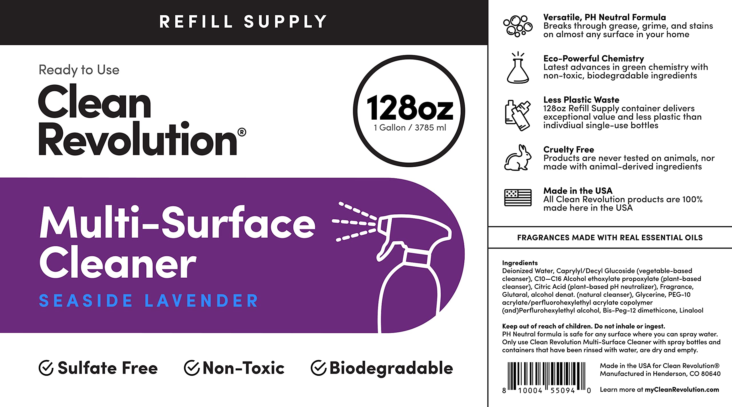 Clean Revolution Multi Surface Cleaner Refill Supply, Non-Toxic, Eco-Friendly & Plant-Based, Ready to Use, Seaside Lavender, 128 Fl Oz (1 Gallon)