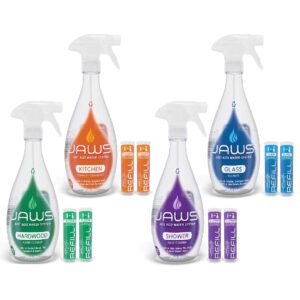 jaws cleaners home cleaning kit, multi-surface kitchen, glass, shower and hardwood floor, 2 refill pods included. refillable cleaning supplies.