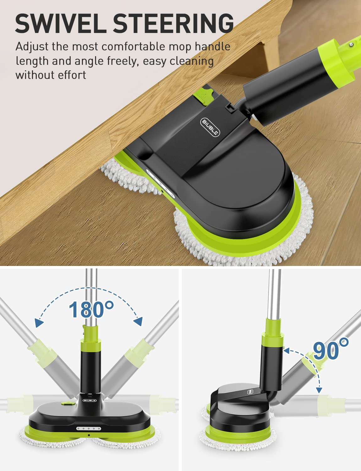 BIUBLE Cordless Electric Mop, Dual Spin Mops for Floor Cleaning, LED Headlight / Stand-Free / Water Sprayer, Rechargeable Scrubber Cleaner Mops with 300ML Water Tank for Multi Floors, Self-Propelled