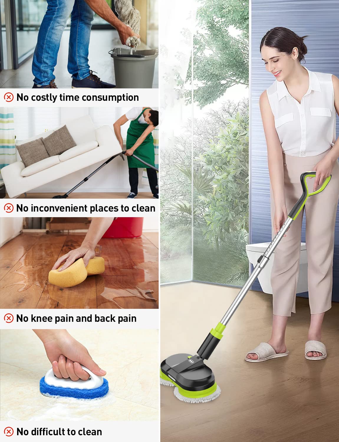 BIUBLE Cordless Electric Mop, Dual Spin Mops for Floor Cleaning, LED Headlight / Stand-Free / Water Sprayer, Rechargeable Scrubber Cleaner Mops with 300ML Water Tank for Multi Floors, Self-Propelled