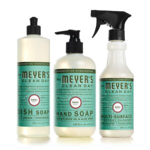 mrs. meyer's clean day kitchen essentials set, includes: hand soap, dish soap, and all purpose cleaner, basil, 3 count pack