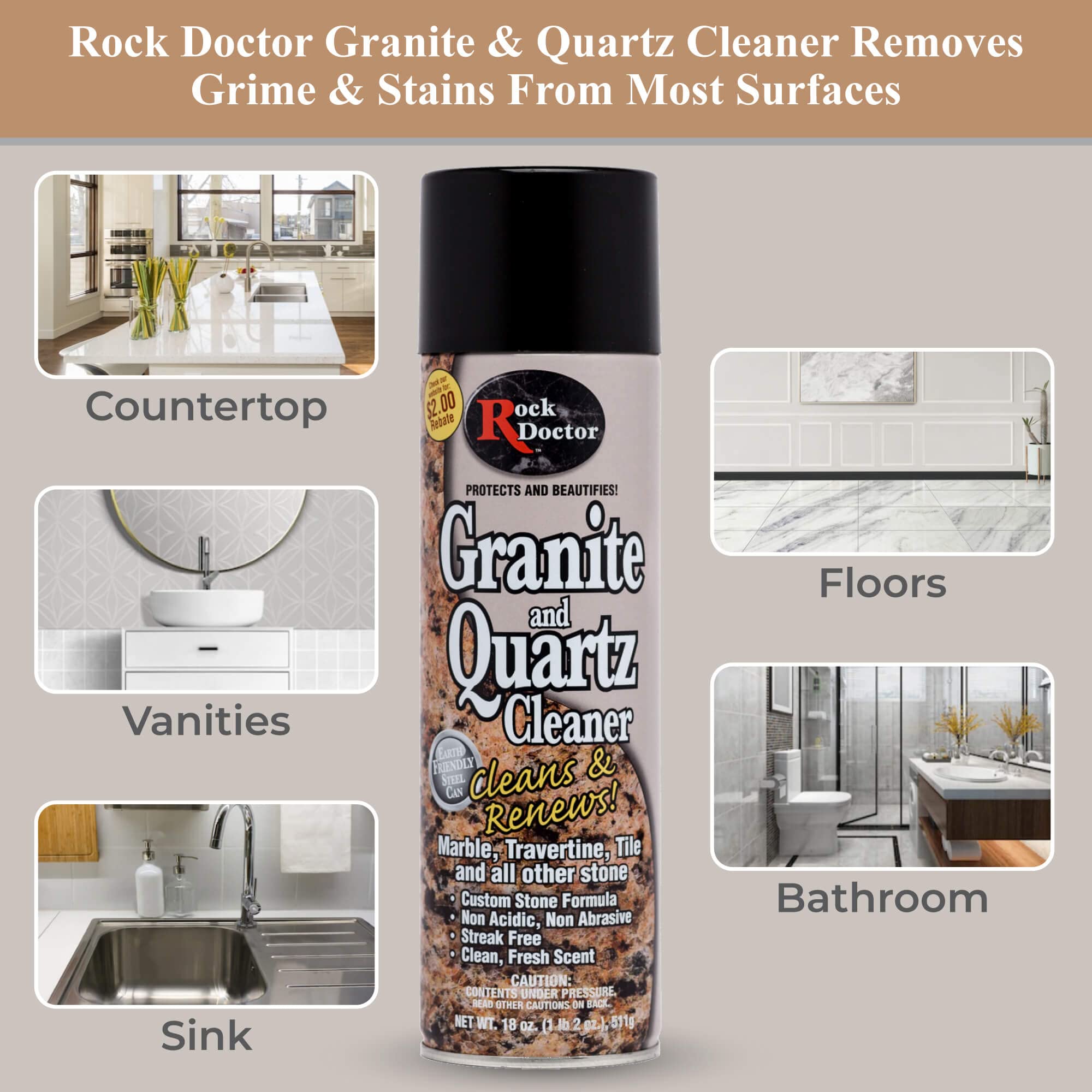 Rock Doctor Granite & Quartz Cleaner Spray 18 oz. Can, Cleans Tile, Marble, Kitchen Countertop, and Natural Stone Surfaces, Streak-Free Shine Pack of 2