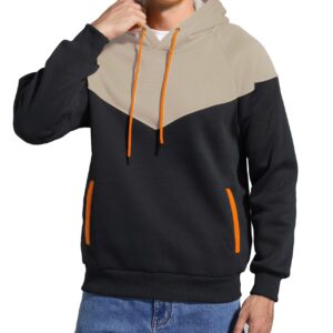 Niceif Men's Midweight Fleece Pullover Hoodies Casual Color Block Hooded Sweatshirt with Pockets, Beige Black M