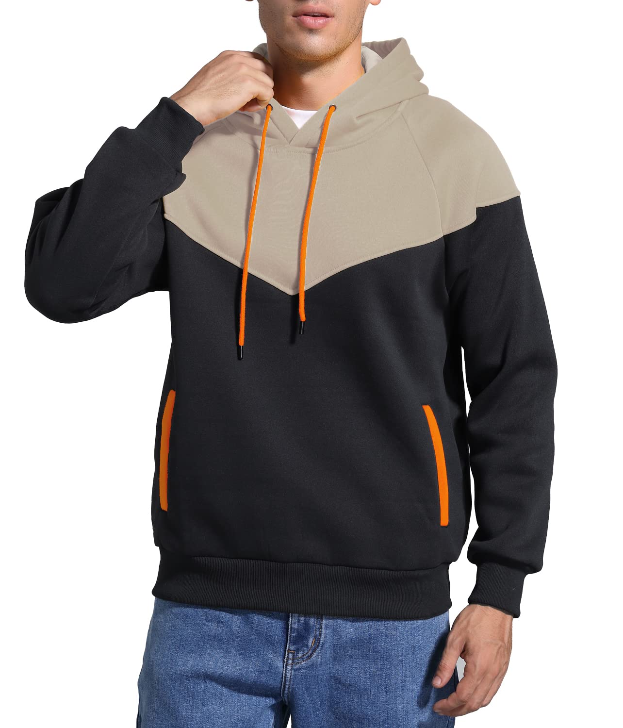 Niceif Men's Midweight Fleece Pullover Hoodies Casual Color Block Hooded Sweatshirt with Pockets, Beige Black M