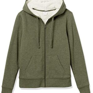 Amazon Essentials Women's Sherpa-Lined Fleece Full-Zip Hooded Jacket (Available in Plus Size), Olive Heather, Large