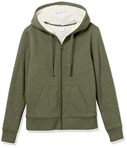 Amazon Essentials Women's Sherpa-Lined Fleece Full-Zip Hooded Jacket (Available in Plus Size), Olive Heather, Large