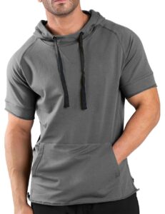 coofandy men's workout hoodie short sleeve hoodie sweatshirts gym muscle tee cotton hooded t shirt with pocket dark grey