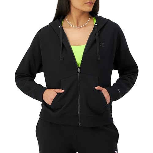 Champion Womens Full-zip Hoodie, Powerblend, Fleece Sweatshirt, For (Plus Size Available) Athletic-hoodies, Black C Logo, Large US