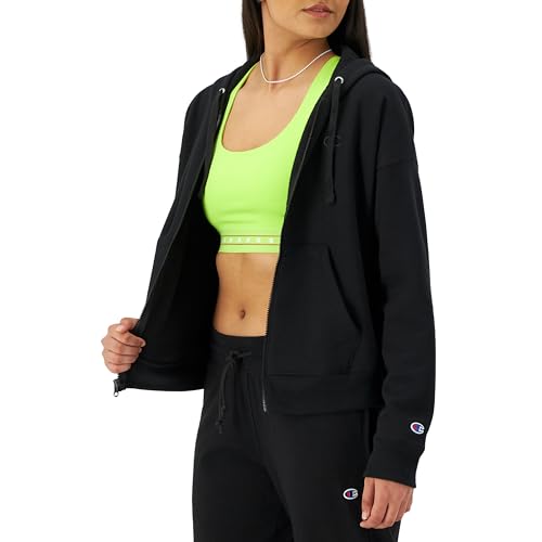 Champion Womens Full-zip Hoodie, Powerblend, Fleece Sweatshirt, For (Plus Size Available) Athletic-hoodies, Black C Logo, Large US