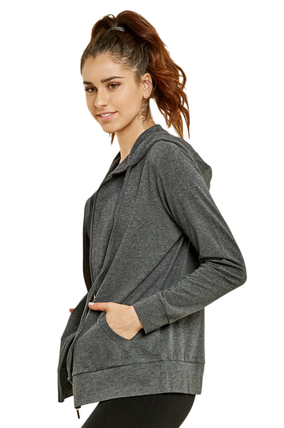 Sofra Women's Thin Cotton Zip Up Hoodie Jacket, Charcoal, Large