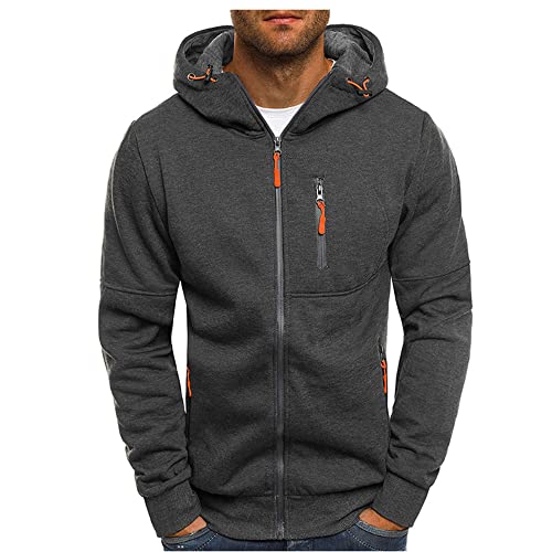 Kroivil Men Hoodies Casual Hoodies for Men with Zip Pockets Full Zip Long Sleeve Sweatshirt Sports Hooded Jacket Dark Grey