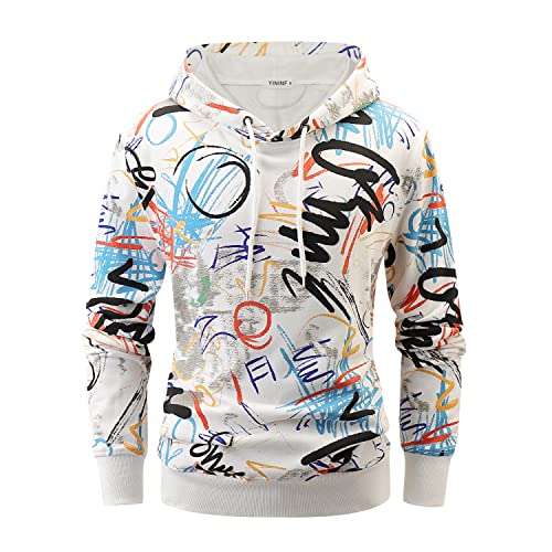 YININF Mens Hipster Hip Hop Hoodie Print Hooded Pullover Sweatshirt(W888 White XL)