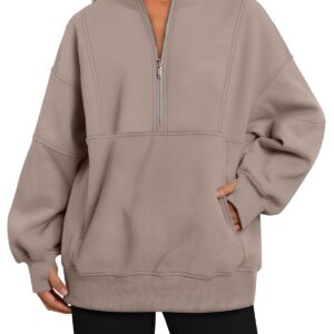 AUTOMET Womens Quarter Zip Oversized Sweatshirts Cute Long Sleeve Jackets Casual Hoodie for Teen Girls with Pockerts Beige