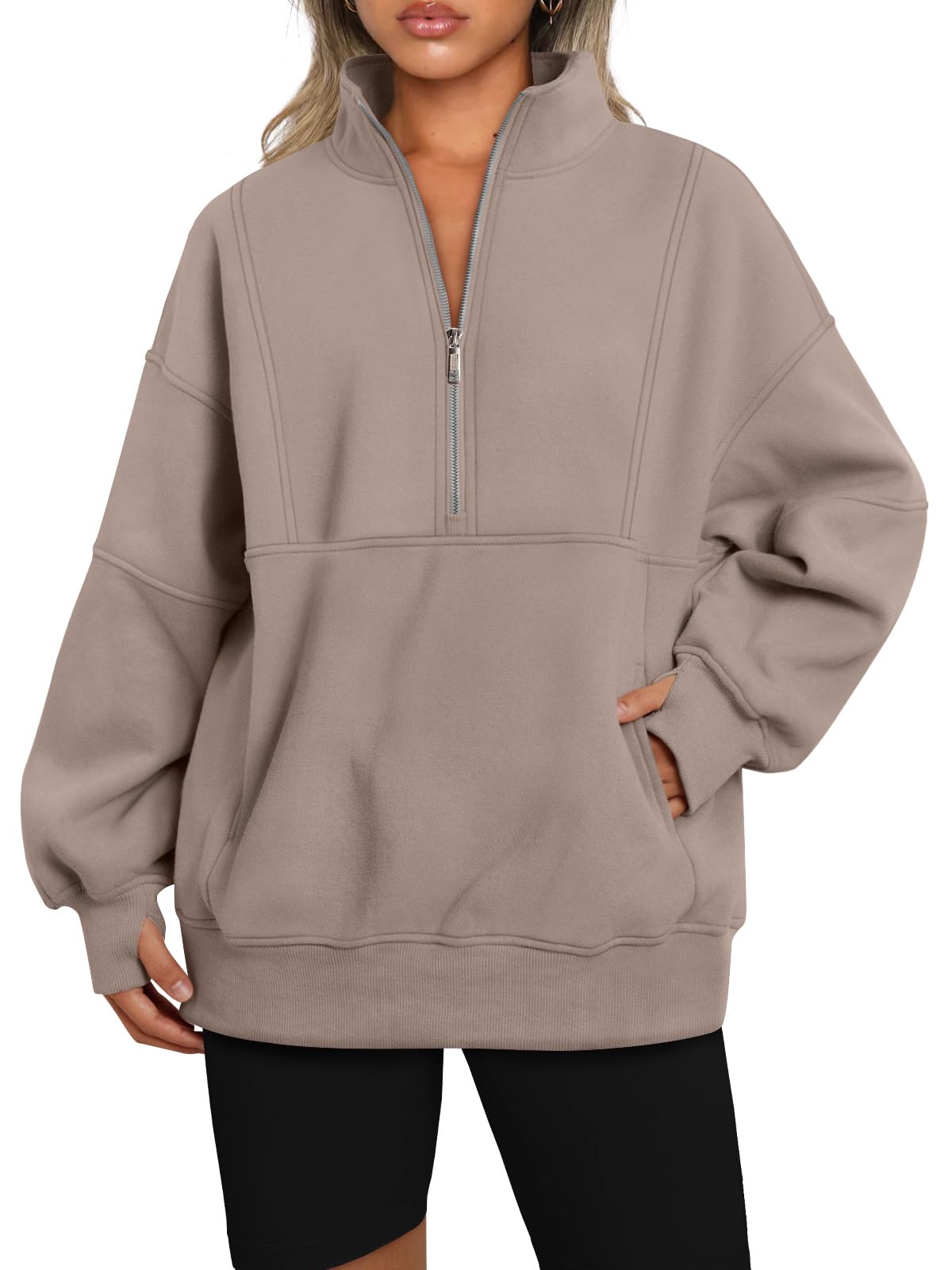 AUTOMET Womens Quarter Zip Oversized Sweatshirts Cute Long Sleeve Jackets Casual Hoodie for Teen Girls with Pockerts Beige