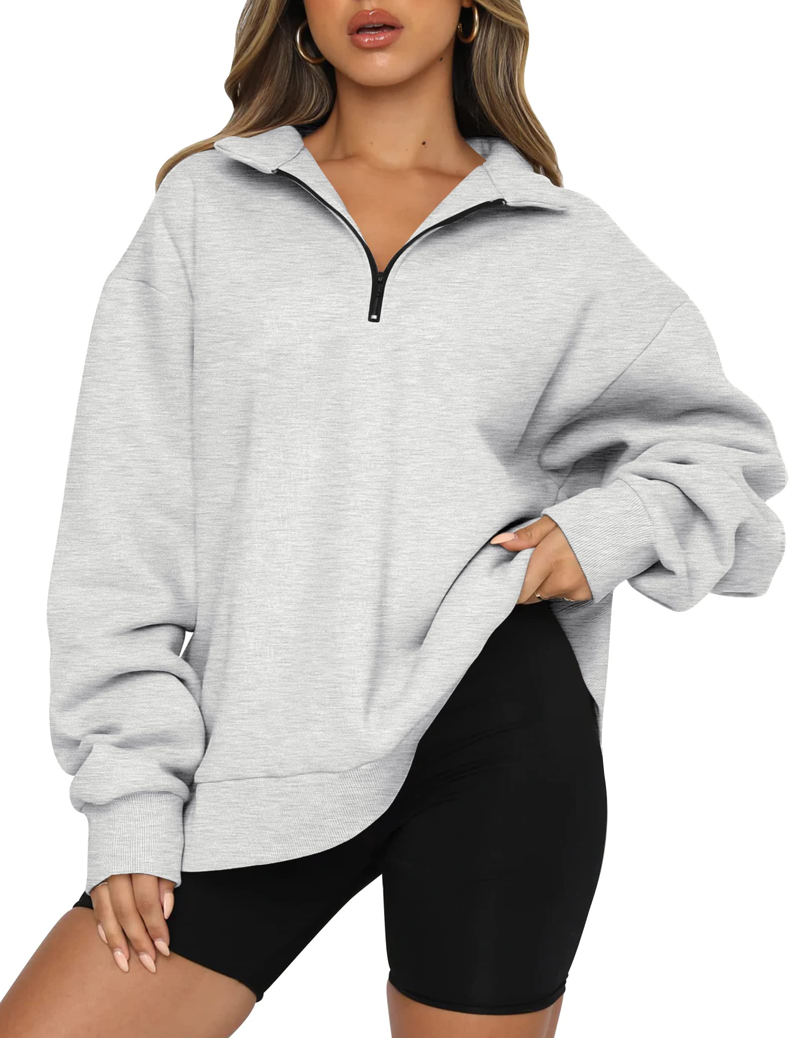 AUTOMET Womens Oversized Hoodies Half Zip Pullover Long Sleeve Sweatshirts Trendy Quarter Zip Fall Sweaters Teen Girls Y2K Winter Clothes 2024 Grey