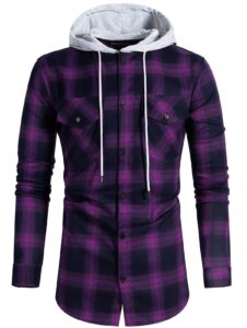 kilborn·pataky men's flannel long sleeve shirt casual hooded plaid button down hoodie regular fit purple