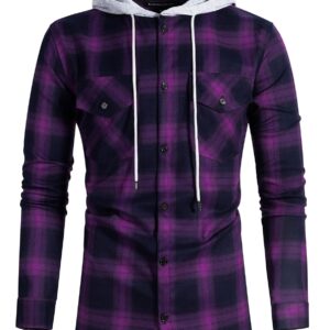 Kilborn·pataky Men's Flannel Long Sleeve Shirt Casual Hooded Plaid Button Down Hoodie Regular Fit Purple