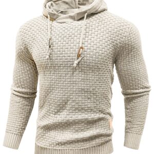 Zaitun Mens Hooded Sweatshirt Long Sleeve Solid Knitted Hoodie Pullover Sweater Khaki