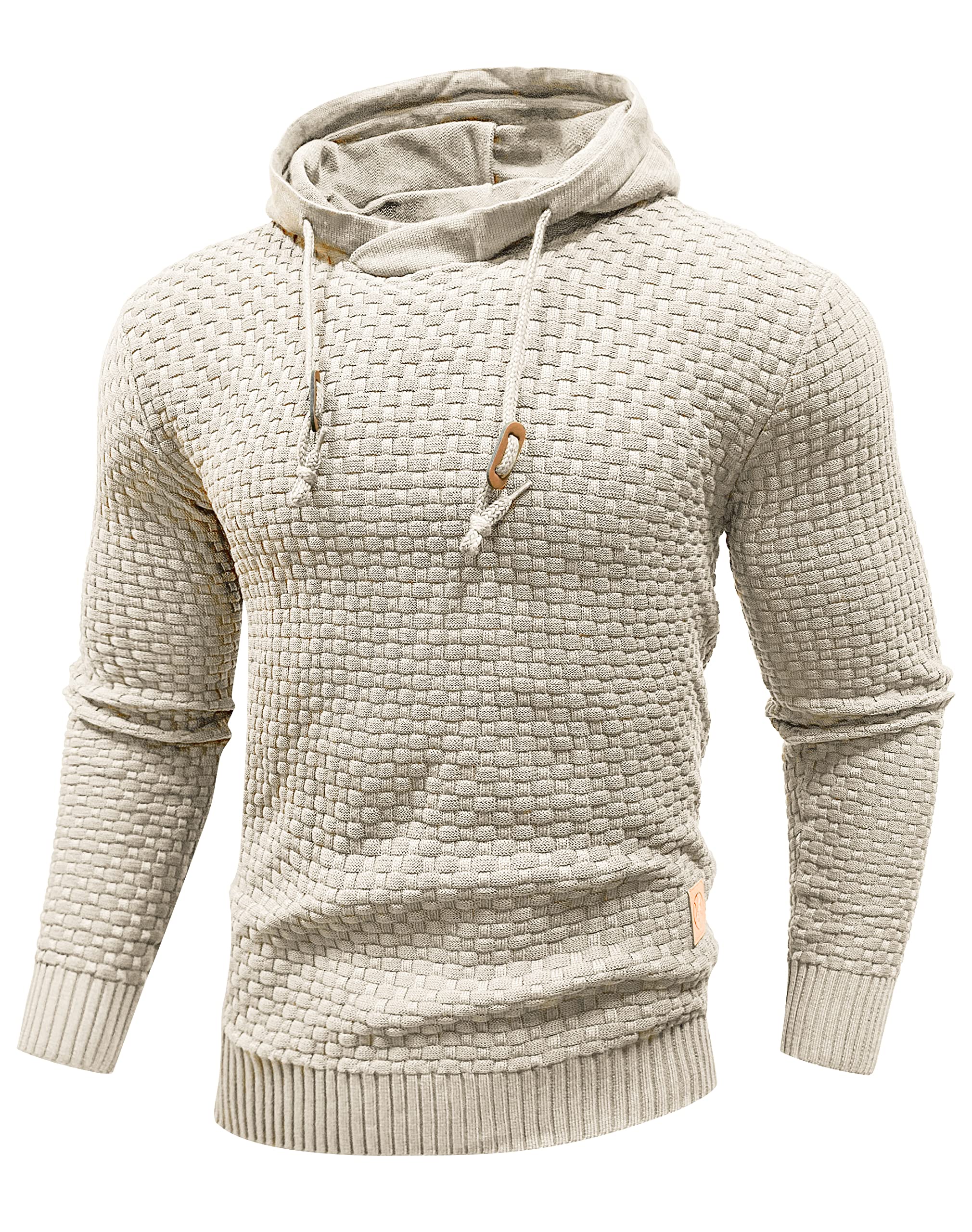 Zaitun Mens Hooded Sweatshirt Long Sleeve Solid Knitted Hoodie Pullover Sweater Khaki