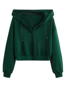 verdusa women's long sleeve drop shoulder drawstring crop hoodie sweatshirt dark green l