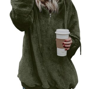 COCOLEGGINGS Women's 2023 Fashion Fuzzy Warm Casual Loose Hooded Sweatshirt Hoodies with Pockets Outerwear Army Green XL