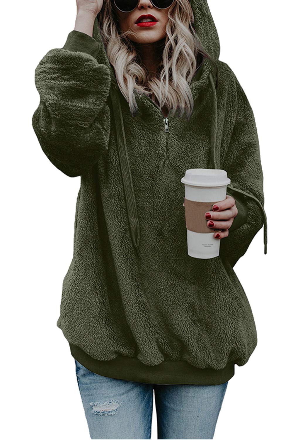 COCOLEGGINGS Women's 2023 Fashion Fuzzy Warm Casual Loose Hooded Sweatshirt Hoodies with Pockets Outerwear Army Green XL