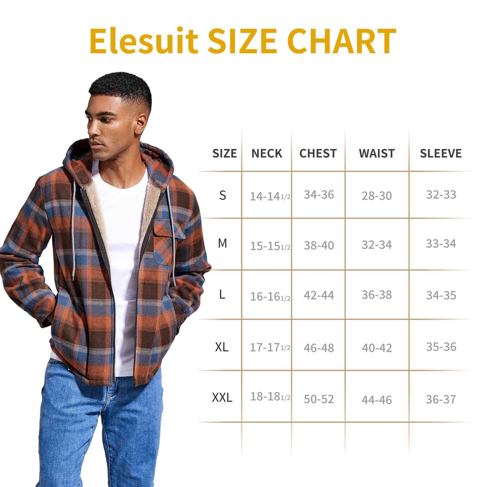 Elesuit Men's Fleece Jackets for Men Sherp Plaid Flannel Sweatshirt for Men Zip Hooides Orange Medium