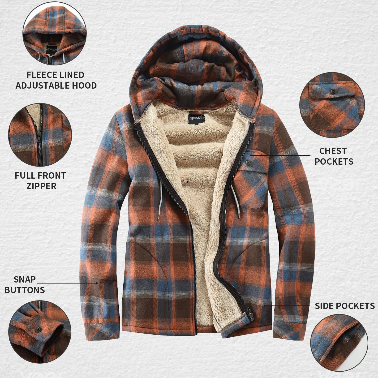 Elesuit Men's Fleece Jackets for Men Sherp Plaid Flannel Sweatshirt for Men Zip Hooides Orange Medium