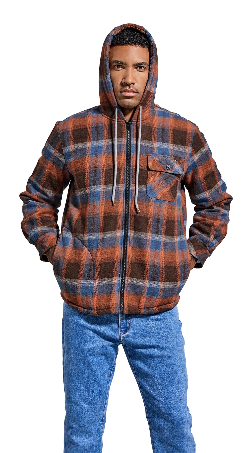 Elesuit Men's Fleece Jackets for Men Sherp Plaid Flannel Sweatshirt for Men Zip Hooides Orange Medium