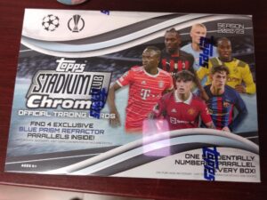 2022-23 topps stadium club chrome uefa club competitions champions league soccer factory sealed giant box 50 cards 10 packs of 5 cards 4 exclusive blue prism refractor parallels per box chase rookie cards of an amazing rookie class breathtaking photograph