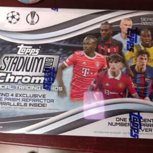 2022-23 Topps Stadium Club Chrome UEFA Club Competitions Champions League Soccer Factory Sealed Giant Box 50 Cards 10 Packs of 5 Cards 4 Exclusive Blue Prism Refractor Parallels Per Box Chase rookie cards of an Amazing Rookie Class Breathtaking Photograph