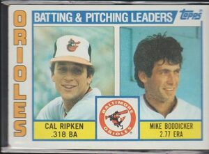 1984 topps cal ripken & mike boddicker batting & pitching leaders orioles team checklist baseball card #426