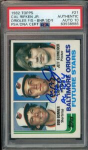 1982 topps #21 cal ripken jr. rookie rc signed 1980 roy psa/dna 10 auto fanatics - baseball slabbed autographed cards